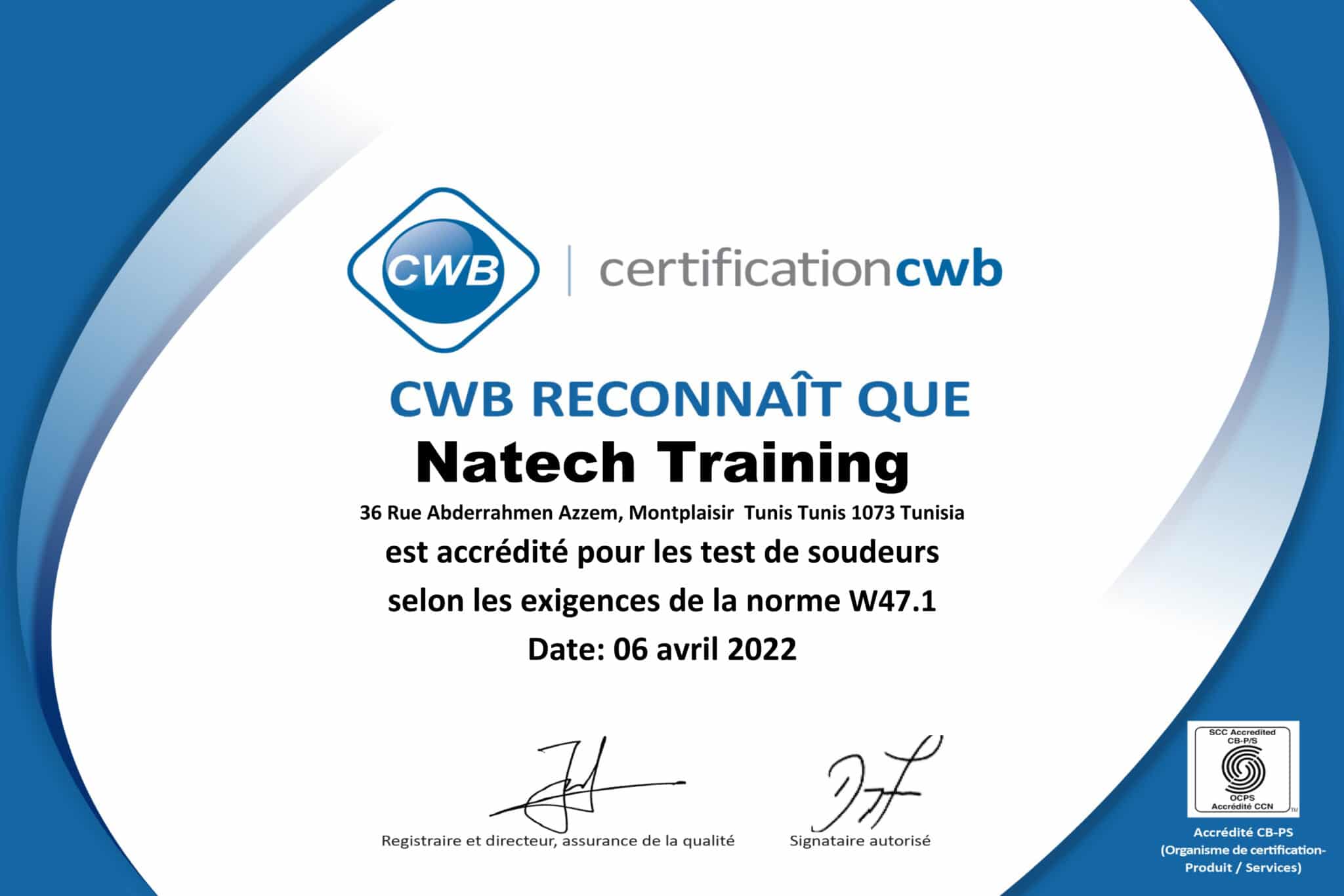 Accréditation CWB – Natech Training